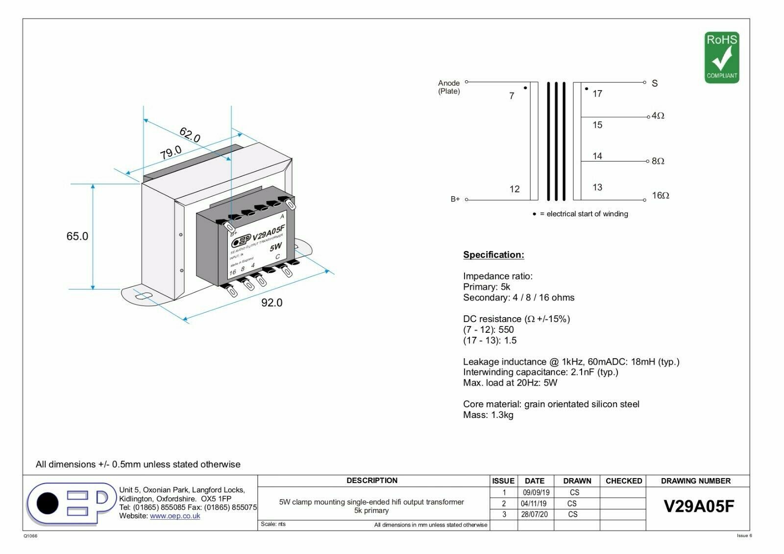 Hi-Fi Amplifier Output transformer 5W Single Ended (EL84 ECL82 ECL83 ...