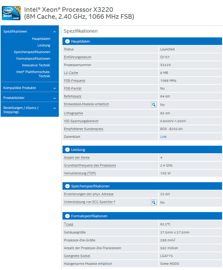 64-Bit Intel Processor CPU Xeon Quadcore X3220 4x 2400 MHz LGA775 8 MB ...