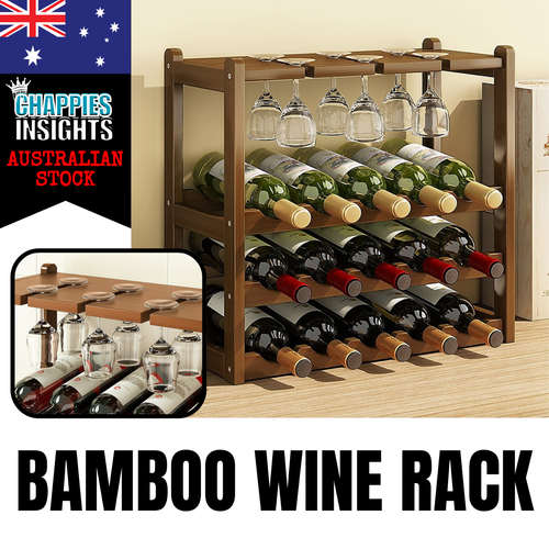 Wine Rack Free Standing 15 Bottles with 6 Glasses Holder Bamboo Wine ...
