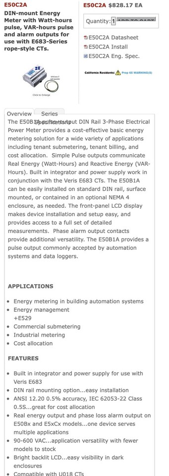 VERIS Enernoc DIN Rail Mount Compact Power Meter E50C2A-E5 E50 Series ...