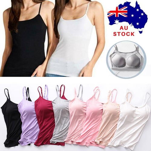 Ladies Womens Sleeveless Tee Tshirt Vest Singlet Tank Top with Built in ...