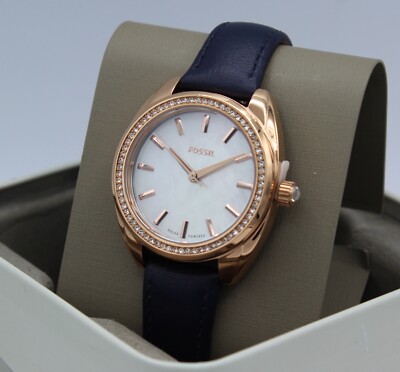 NEW AUTHENTIC FOSSIL VALE SOLAR ROSE GOLD MOP BLUE LEATHER BQ3775 WOMEN ...