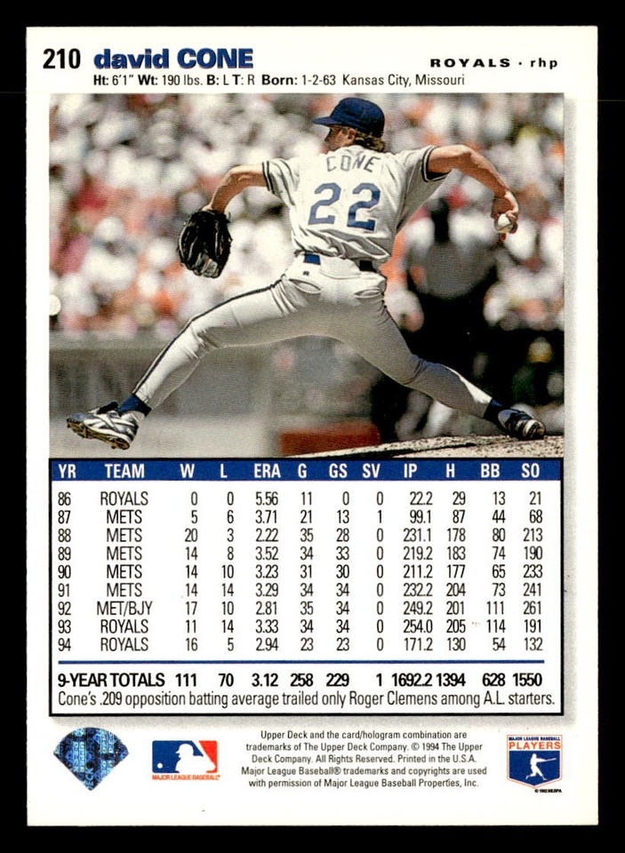 David Cone 1995 Collector's Choice SE Card #210 Kansas City Royals | eBay