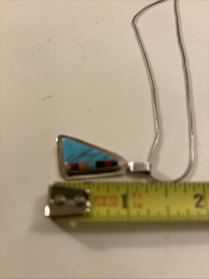 VTG Sterling Silver NAVAJO Signed J Turquoise Inlaid W Chain Triangle ...
