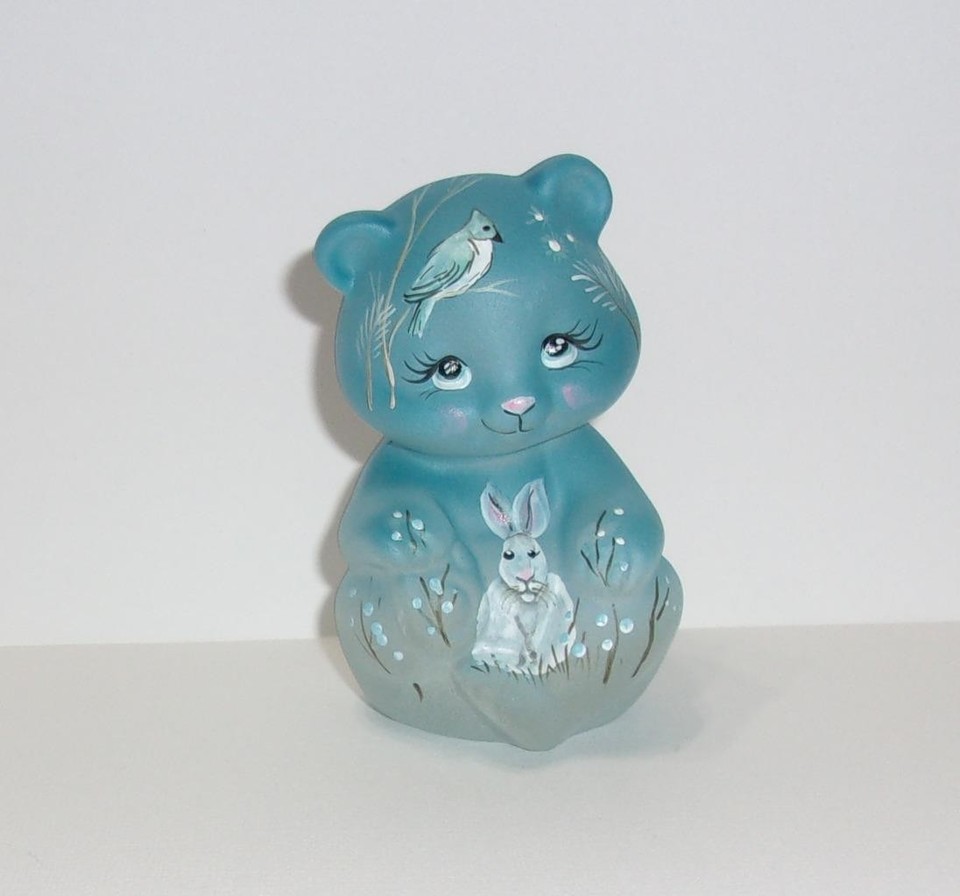 Fenton Glass Crystal Satin Hare Rabbit Blue Bird Bear Figurine #9/37 M ...