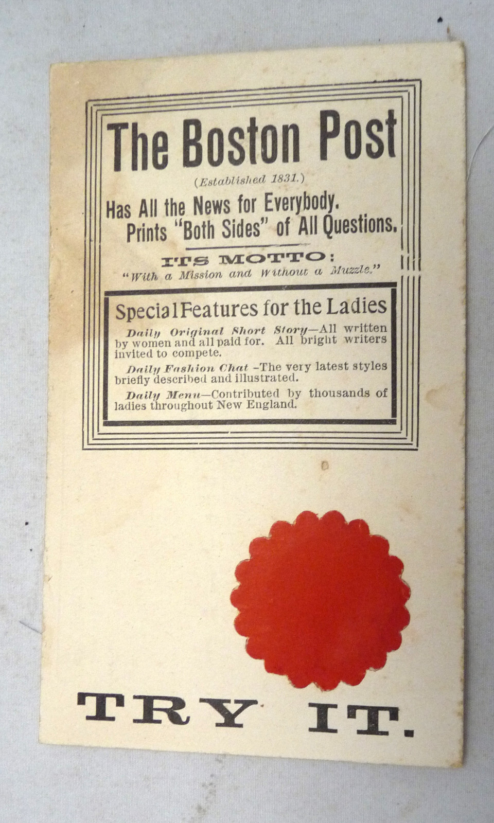 Antique Boston Post newspaper advertising card 1898 quarter rate ...