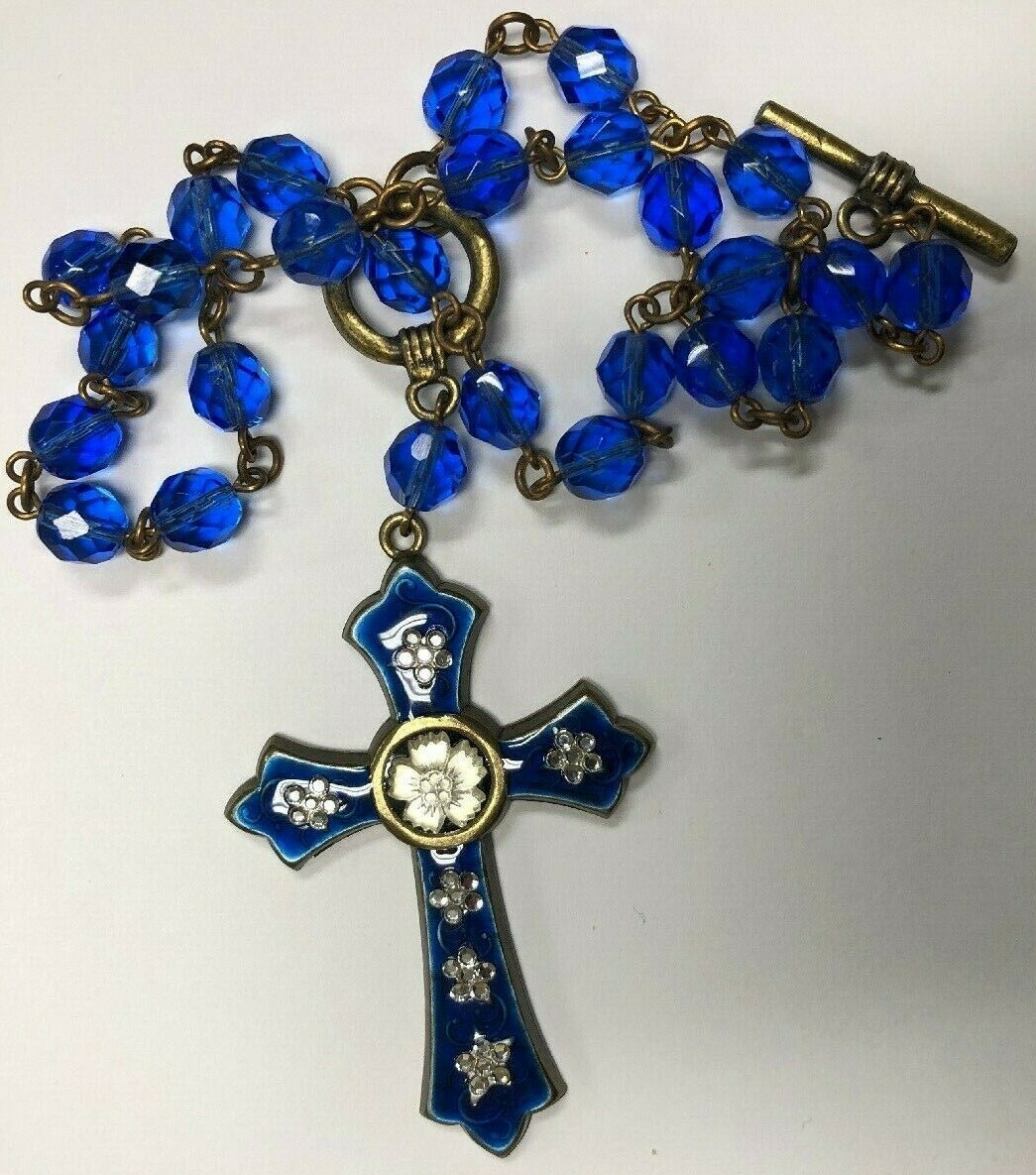 Large Cross Blue Enamel With Crystal And Blue Glass Chain | eBay