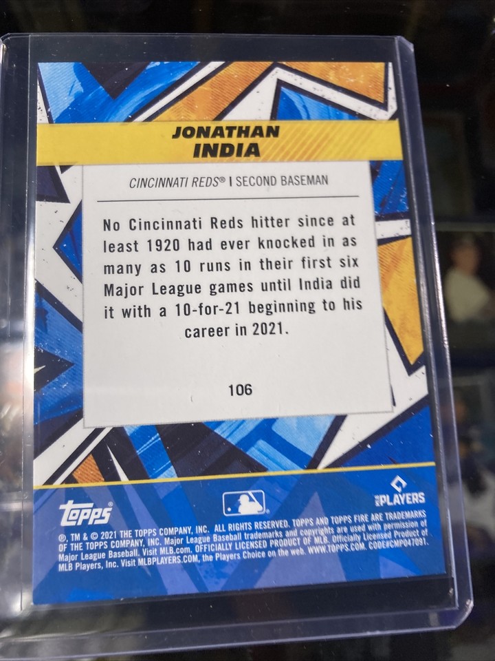 2021 Topps Fire Jonathan India Rookie Card RC #106 Cincinnati Reds | eBay