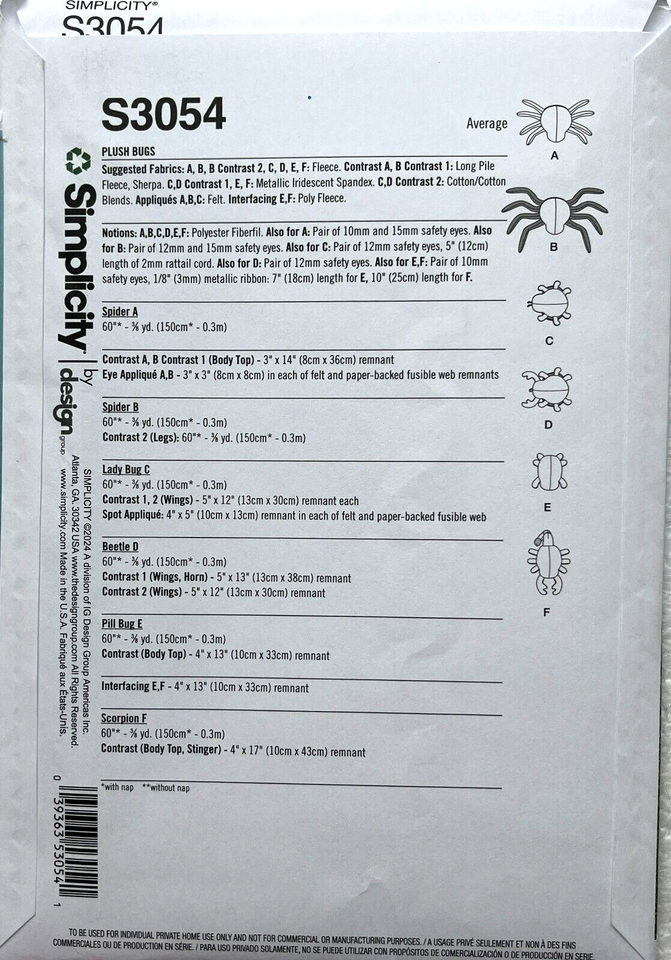 Simplicity Pattern S3054 Fun Plush Bugs Spider, Lady Bug, Beetle, Pill ...