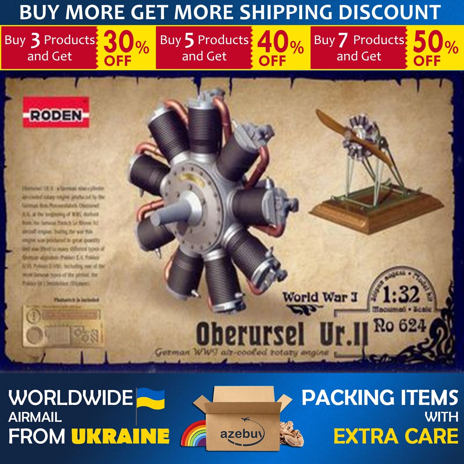 Oberursel Ur.ii Aircraft Engine 33mm 1/32 Scale Plastic Model Kit RODEN ...