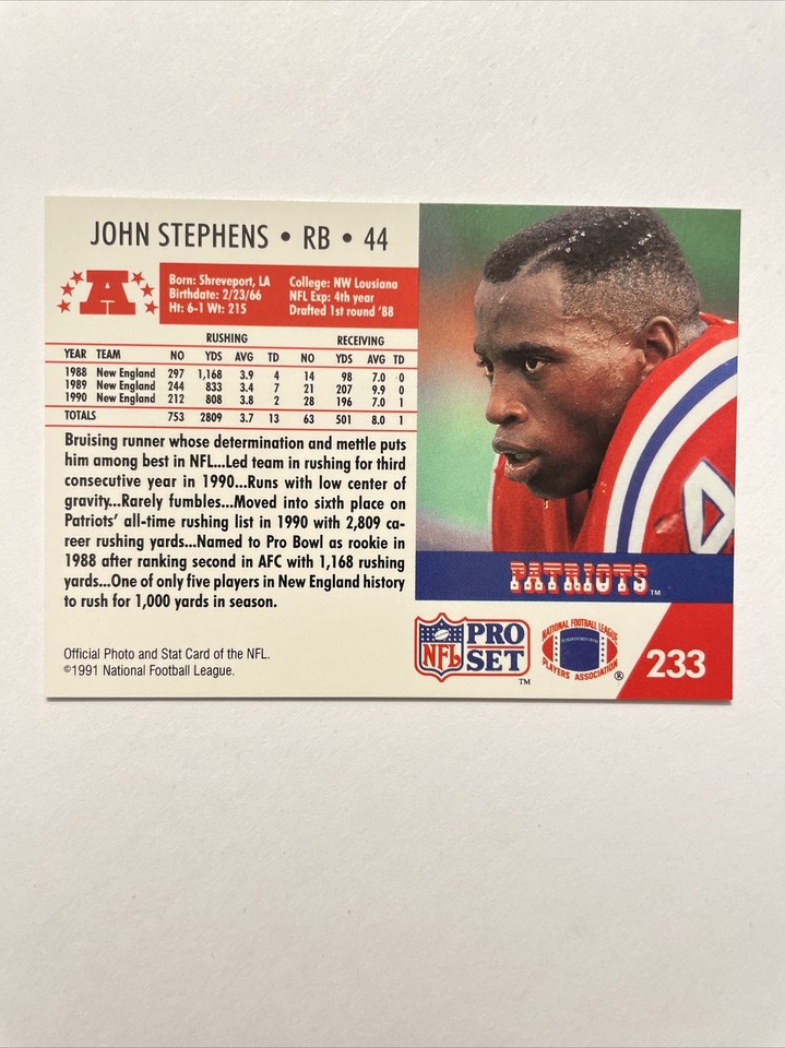 1991 Pro Set Football Card #233 John Stephens NFL New England Patriots ...