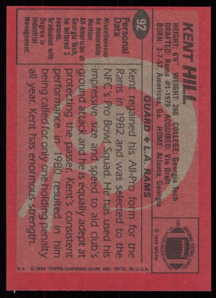 1983 Topps Kent Hill Los Angeles Rams #92 | eBay