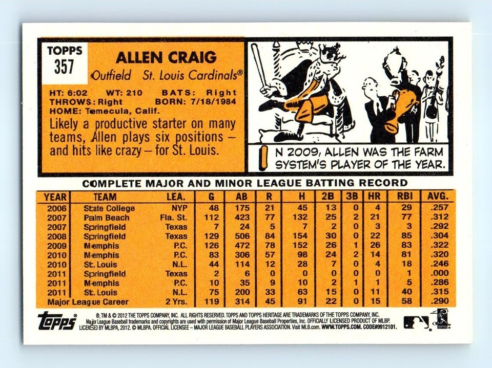 2012 Topps Heritage Allen Craig St. Louis Cardinals #357 | eBay