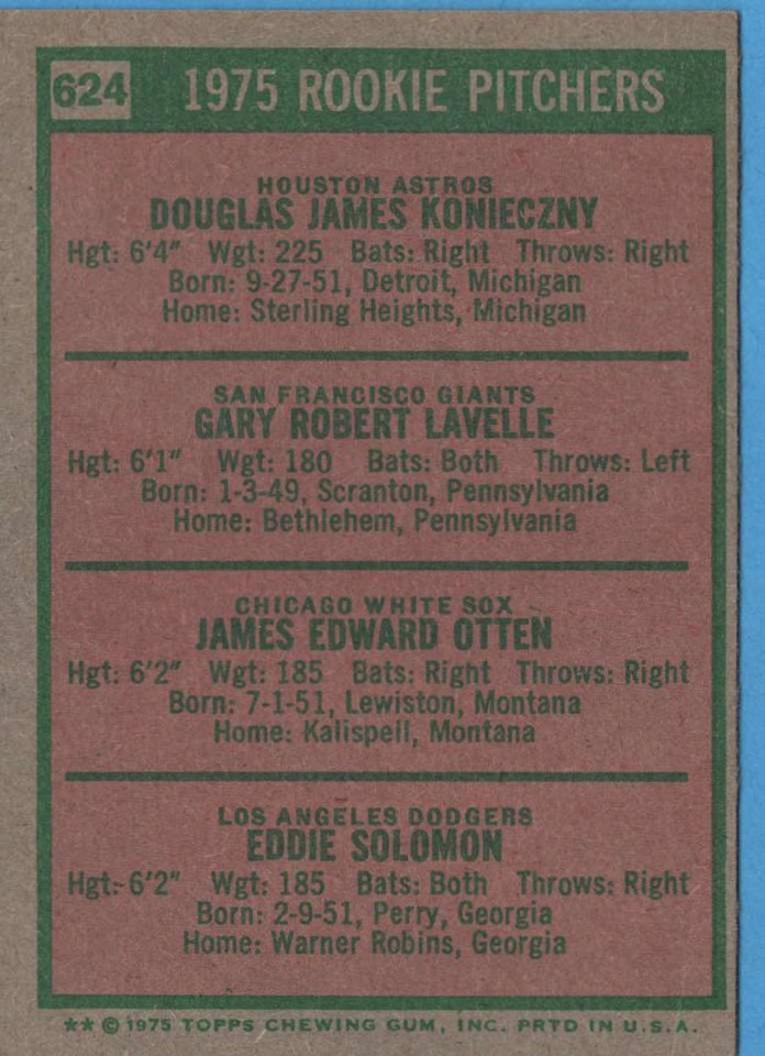 1975 Topps Rookie Pitchers - Konieczny/Gary Lavelle/Jim Otten/Eddie ...