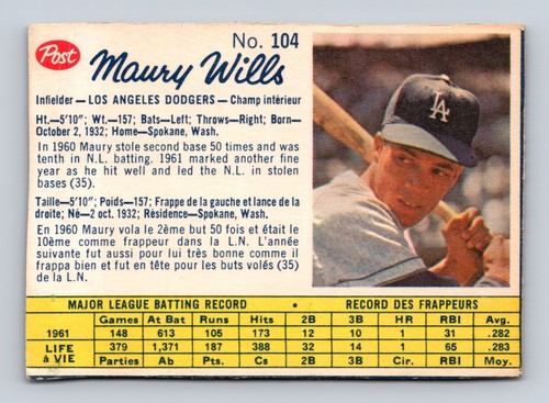 Maury Wills 1962 Post Canadian Baseball Card #104 Los Angeles Dodgers ...