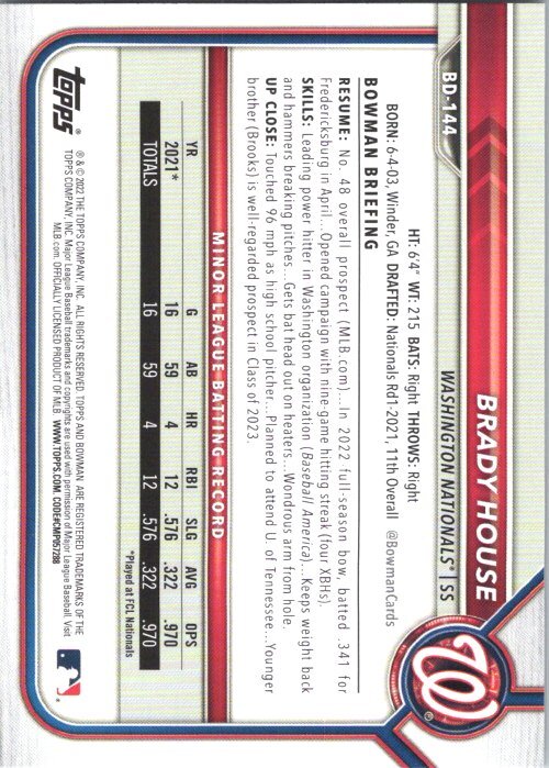 2022 Bowman Draft #BD-144 Brady House | eBay
