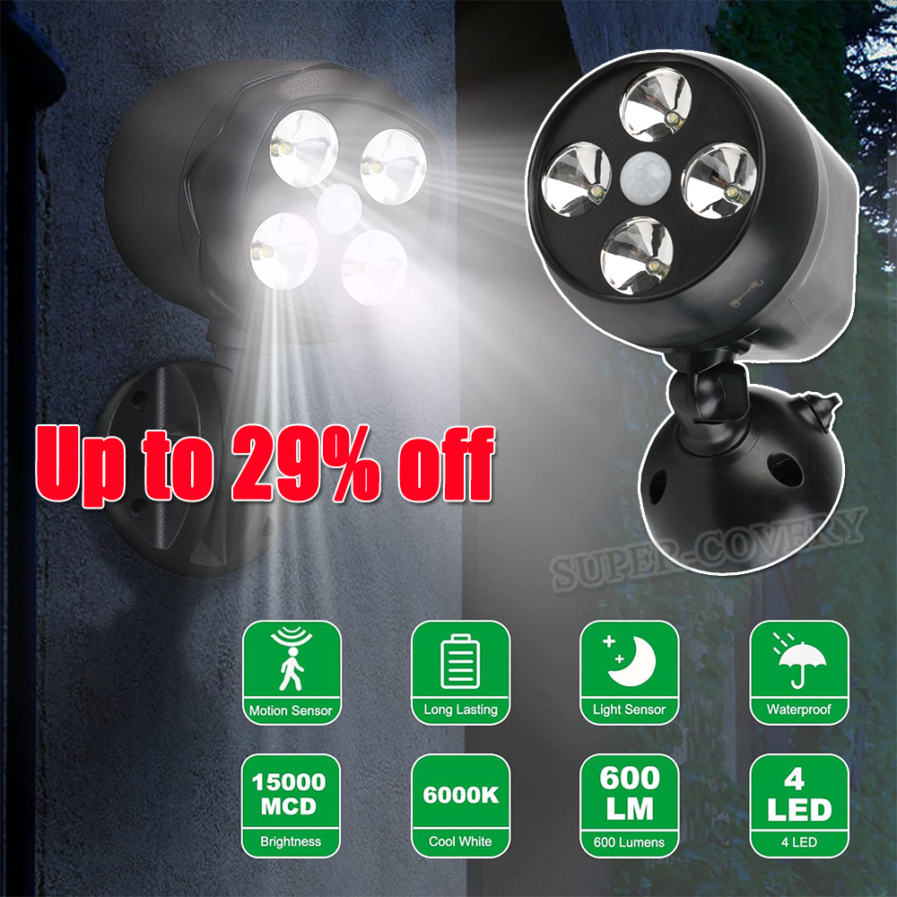 Motion Sensored Battery Powered Twin 4LED Security Flood Light with PIR ...