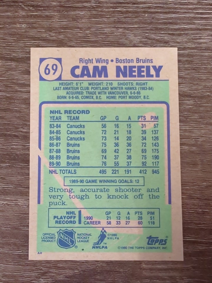 Cam Neely Boston Bruins #69 Topps 1990 NHL Hockey Card | eBay