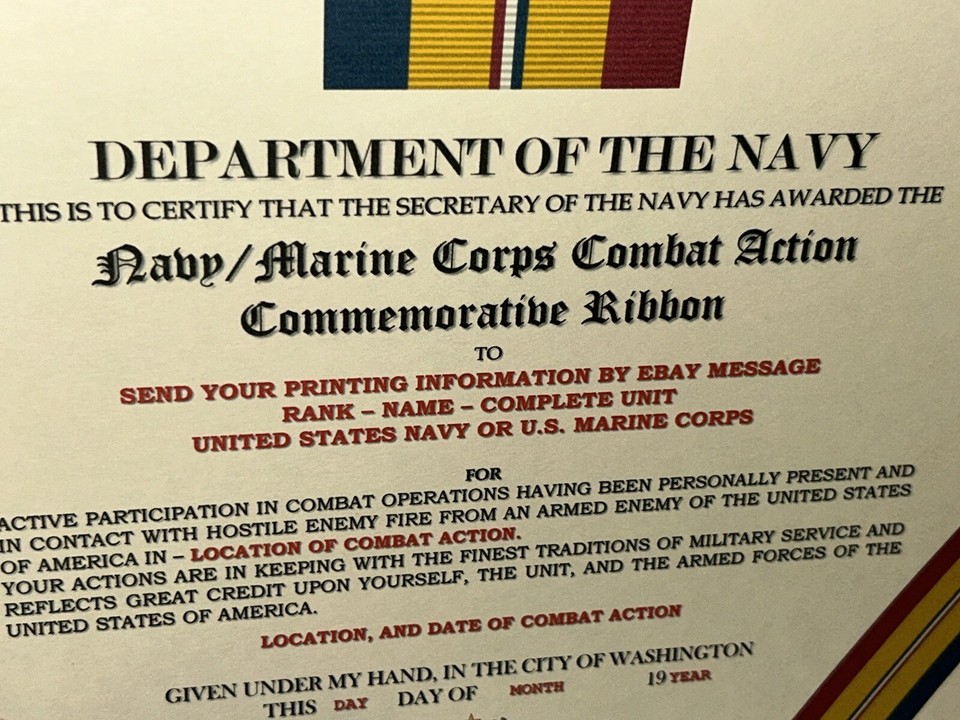 NAVY/USMC COMBAT ACTION COMMEMORATIVE RIBBON CERTIFICATE ~ W/PRINTING T ...