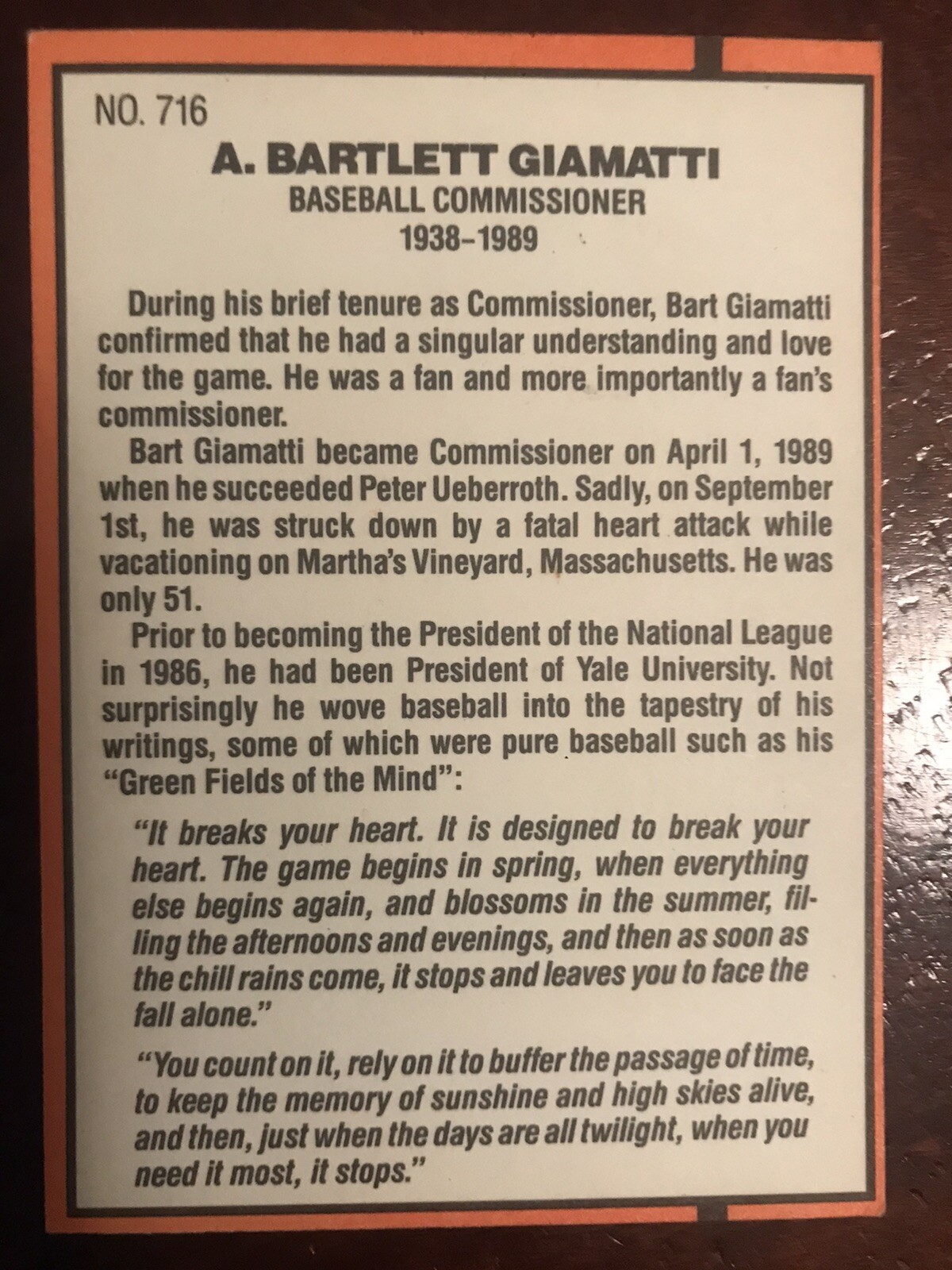 Bart Giamatti 1990 Donruss Commissioner Name Line ERROR Card #716 MLB ...