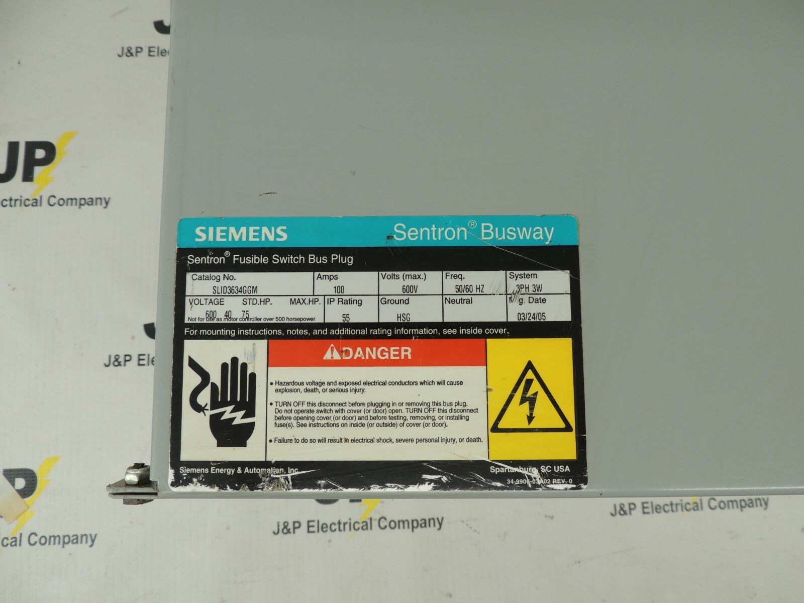 SLID3634GGM SIEMENS SENTRON FUSIBLE SWITCH BUSS PLUG, 100 AMP 600V ...