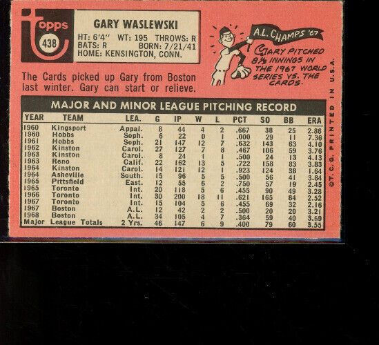 1969 Topps #438 Gary Waslewski Cardinals | eBay