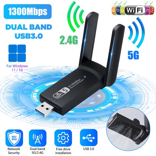 Dual-Band 1300Mbps Long Range USB WiFi Adapter Wireless Antennas Signal ...