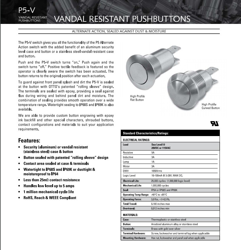 OTTO P5 Switch Vandal Resist Alt Action Aluminum SPDT/Silver Watertight ...