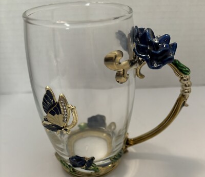 ARC of France Clear Glass Tea Coffee Cup Mug Jeweled Enamel Floral ...