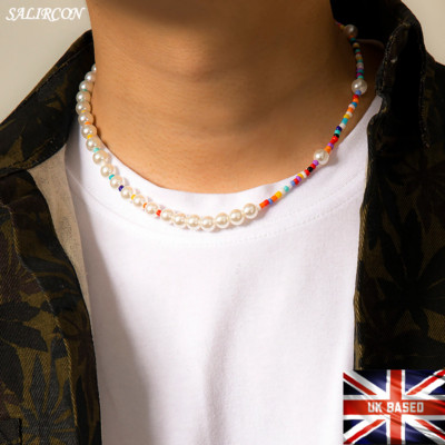 Men Colourful Beaded String Strand Necklace Bohemian Choker Handmade ...