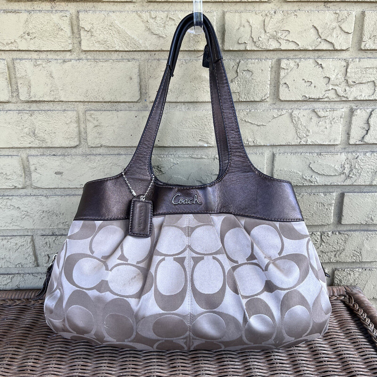 Coach Lexi Khaki Signature Sateen Bronze Leather Plea… - Gem