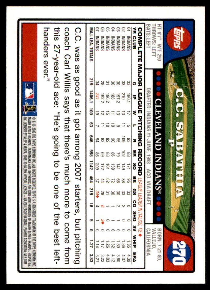 2008 TOPPS #270 CC SABATHIA CLEVELAND INDIANS | eBay