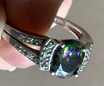 Netaya Natural Rainbow Topaz (2ctw) Ring w/Clear CZ Rim 925 Silver Size ...