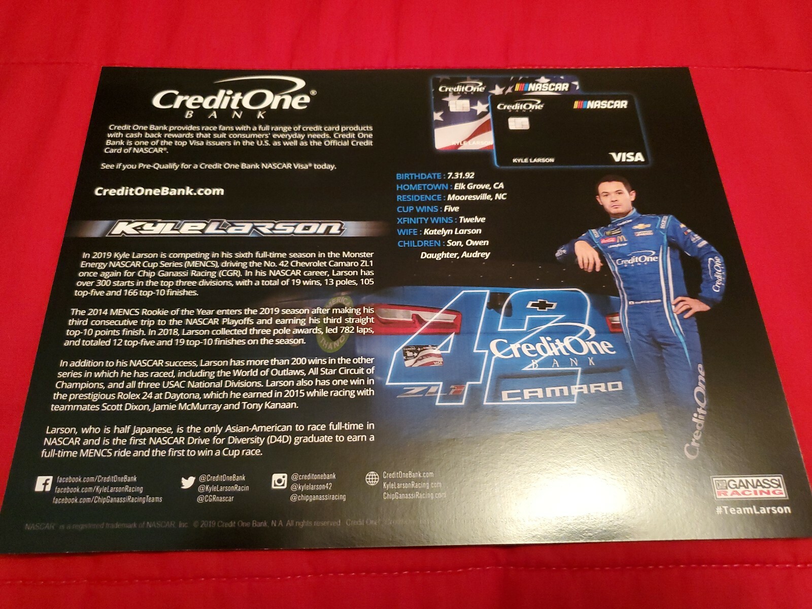Kyle Larson 2019 Credit One Bank Hero Card | eBay