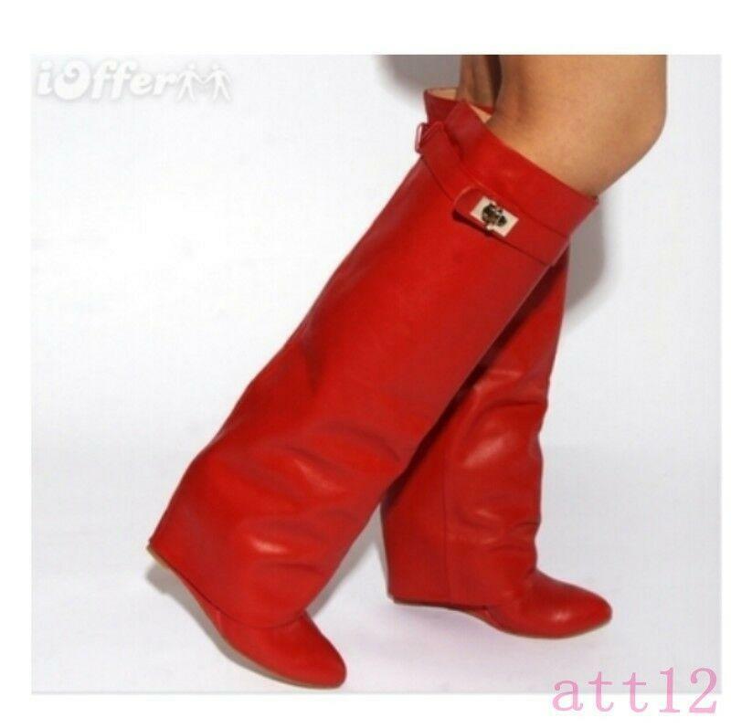 42 Womens Wedge Heel Leather Fold Over Knee High Boot Chic Fold Over ...