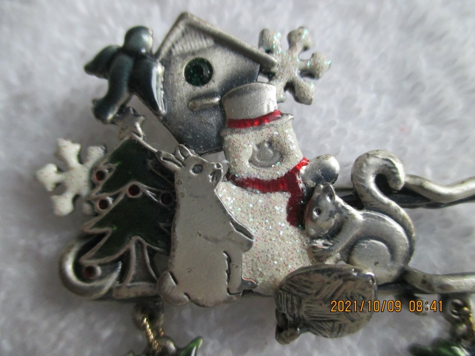 Signed KC "Christmas Love" Snowman Pin Brooch Bunny Squirrel Bird Heart ...