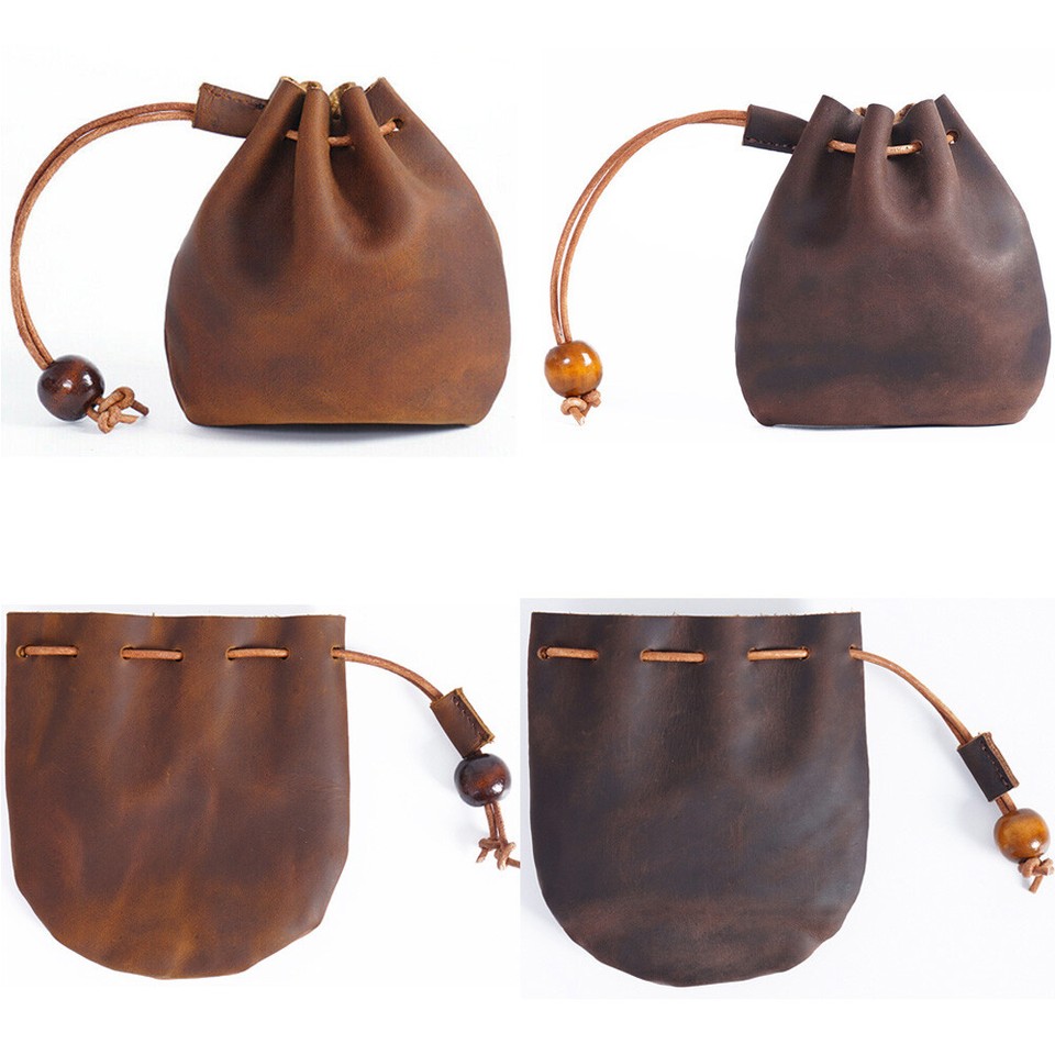 Drawstring Bag Genuine Leather Wallet Coin Pouch Case Purse For Men ...