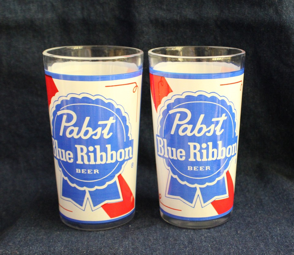 Pair of Pabst Blue Ribbon Beer Glasses~Applied Color Label~8 ounces | eBay