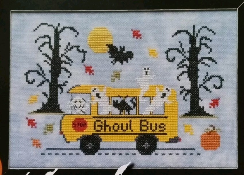 Cross Stitch "GHOUL BUS" pattern ~ Halloween, ghosts, bat, trees, black ...