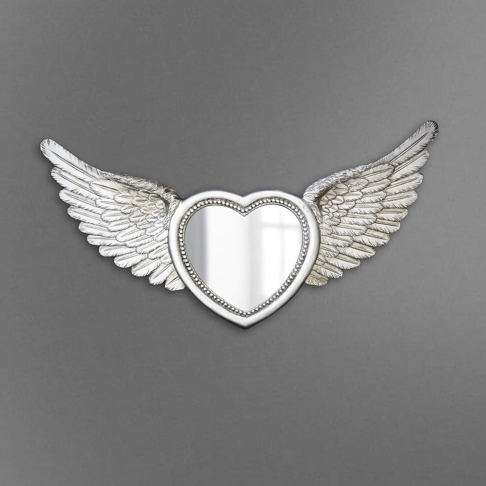 Large Silver Heart Mirror Angel Wings Ornate Home Wall Decor ...