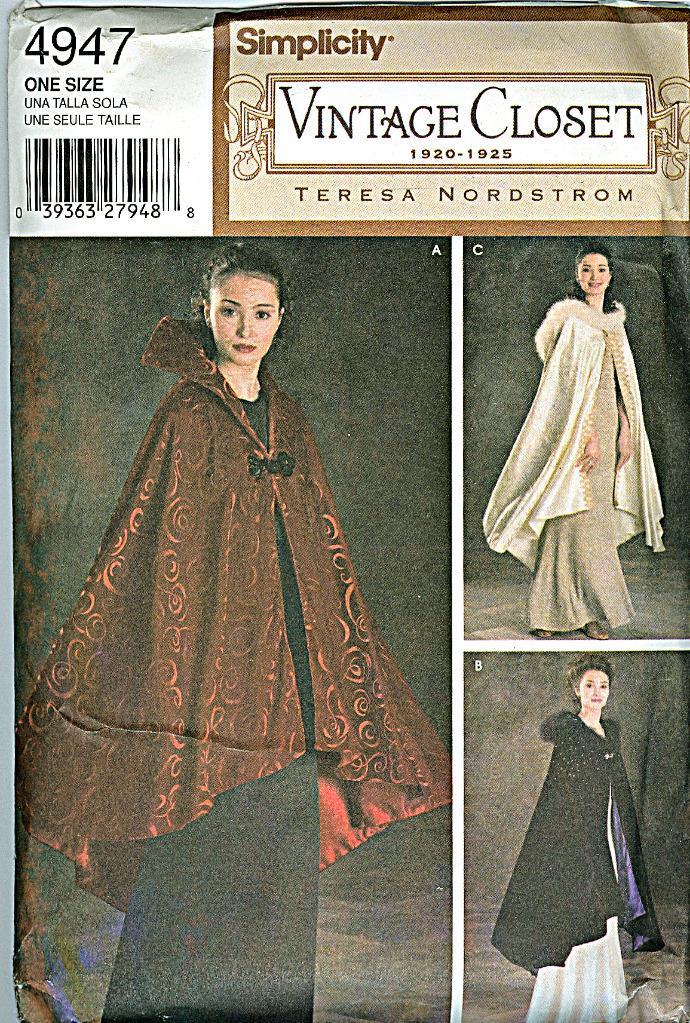Vintage Style CAPE COSTUME PATTERN Adult One Size - Simplicity 4947 ...