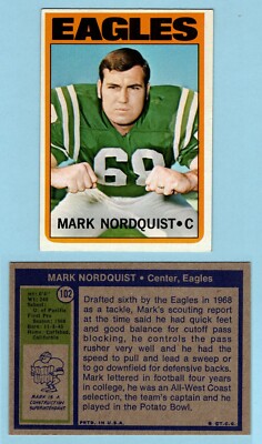 1972 Topps #102 Mark Nordquist Rookie Football Card Philadelphia Eagles ...