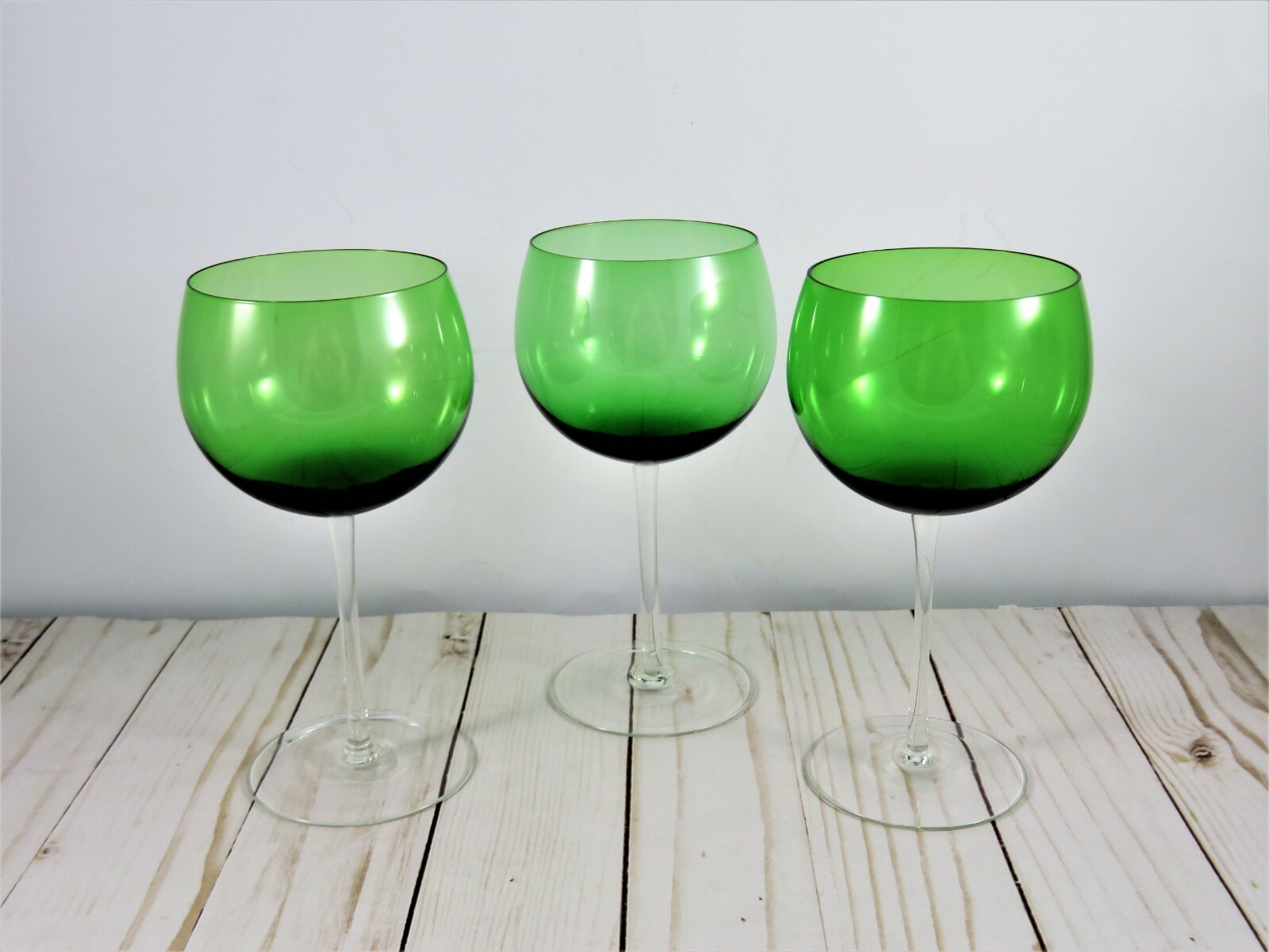 Emerald Green Blown Glass Round Goblets Thin Clear Stems 10 Ounce Set ...