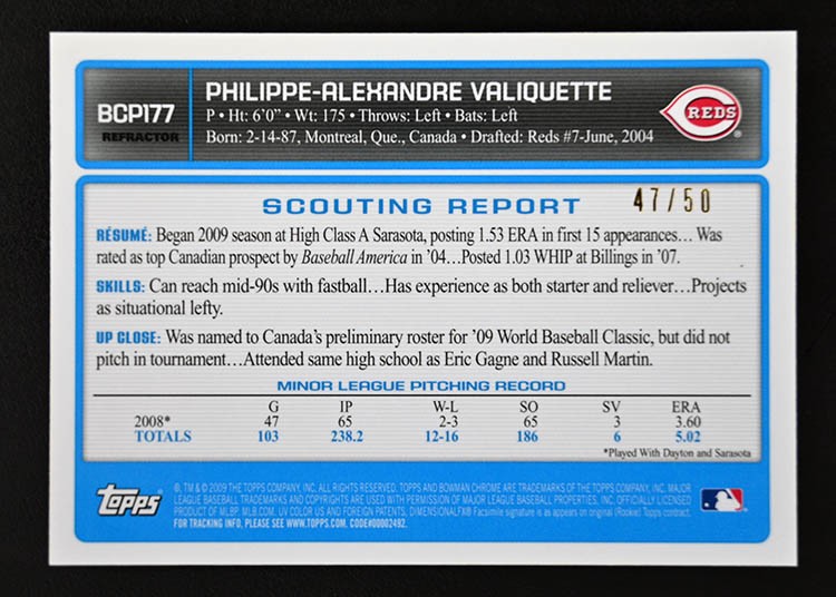 2009 Bowman Chrome #BCP177 Philippe Valiquette /50 Prospects Gold ...