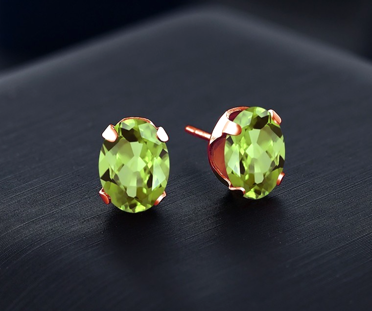 925 Silver Rose Gold Plated 2.80 Ct Oval Green Peridot Women's Stud ...