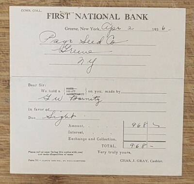 1936 Letterhead New York Greene First National Bank Page and Seed ...