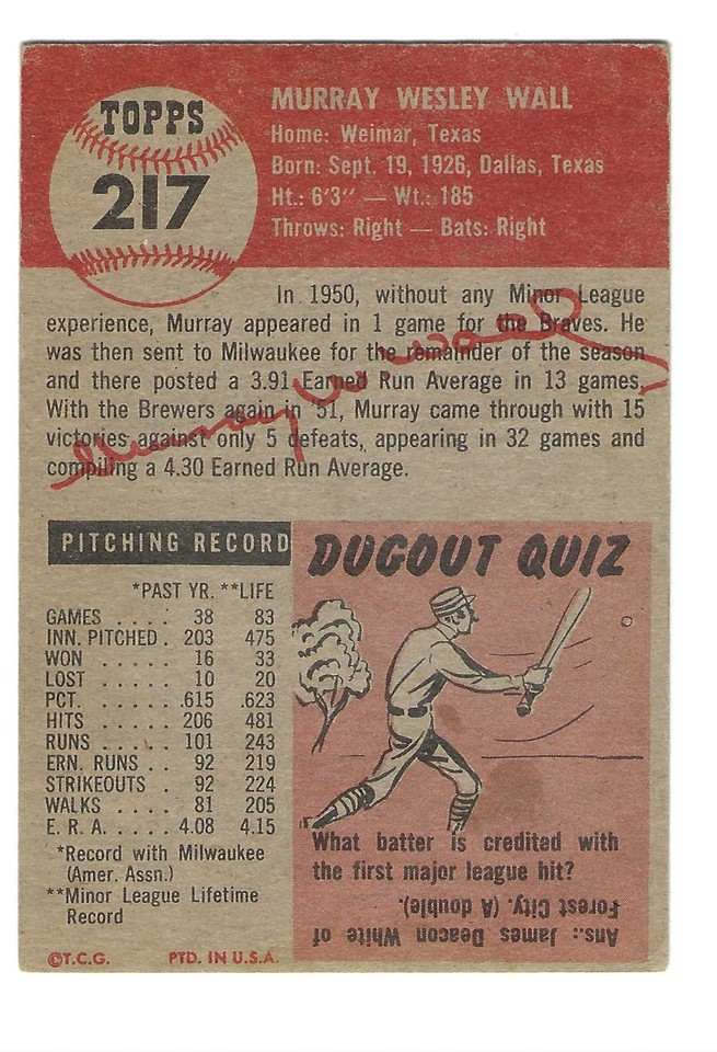 1953 Topps #217 Murray Wall ROOKIE | eBay