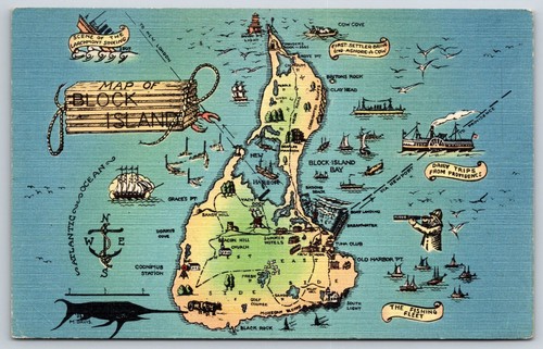 Block Island Rhode Island~Map~Compass~Ship~Fishing Fleet~Linen Postcard ...