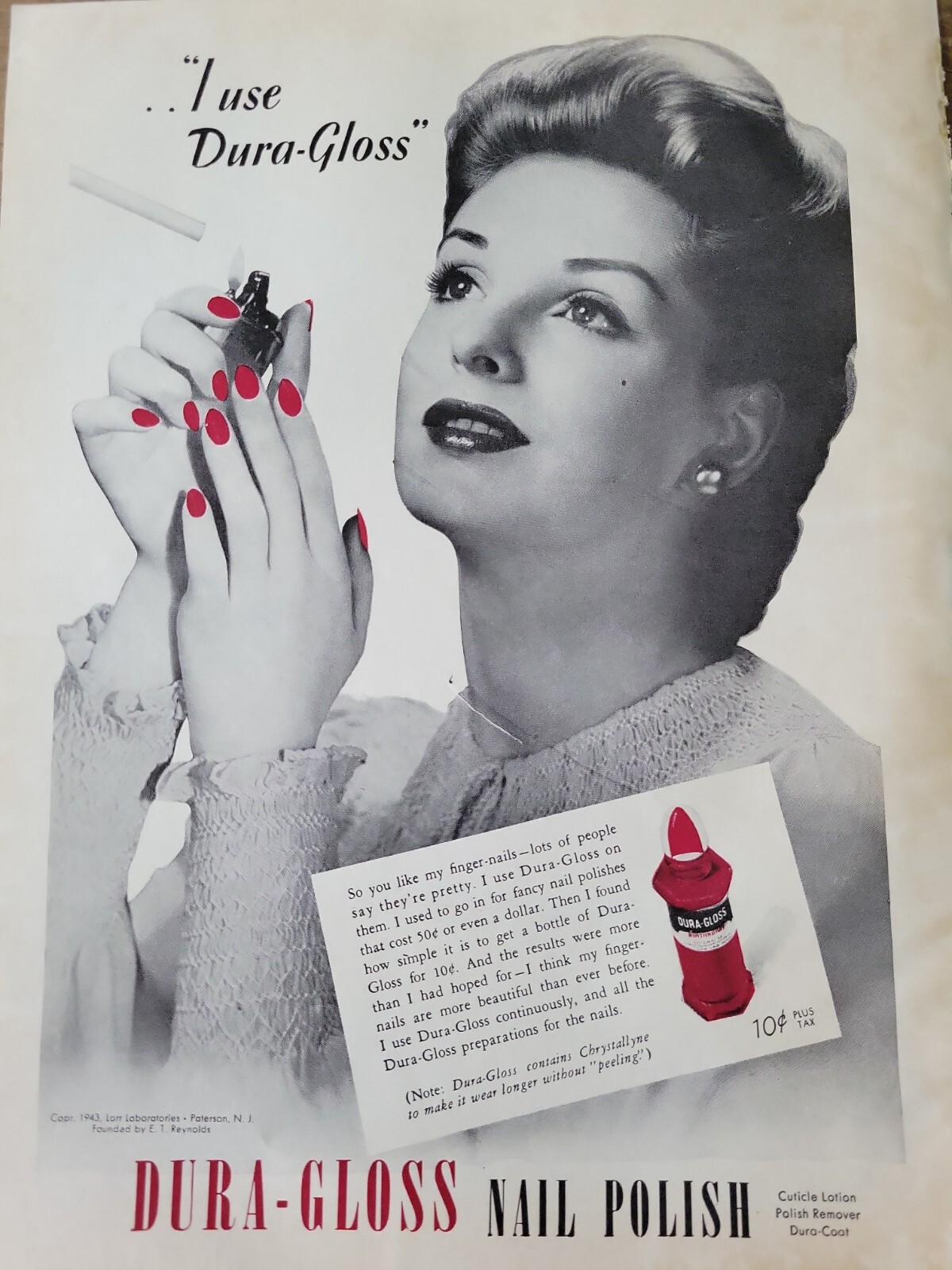 1943 womans red fingernails cigarette lighter Dura-gloss nail polish ...