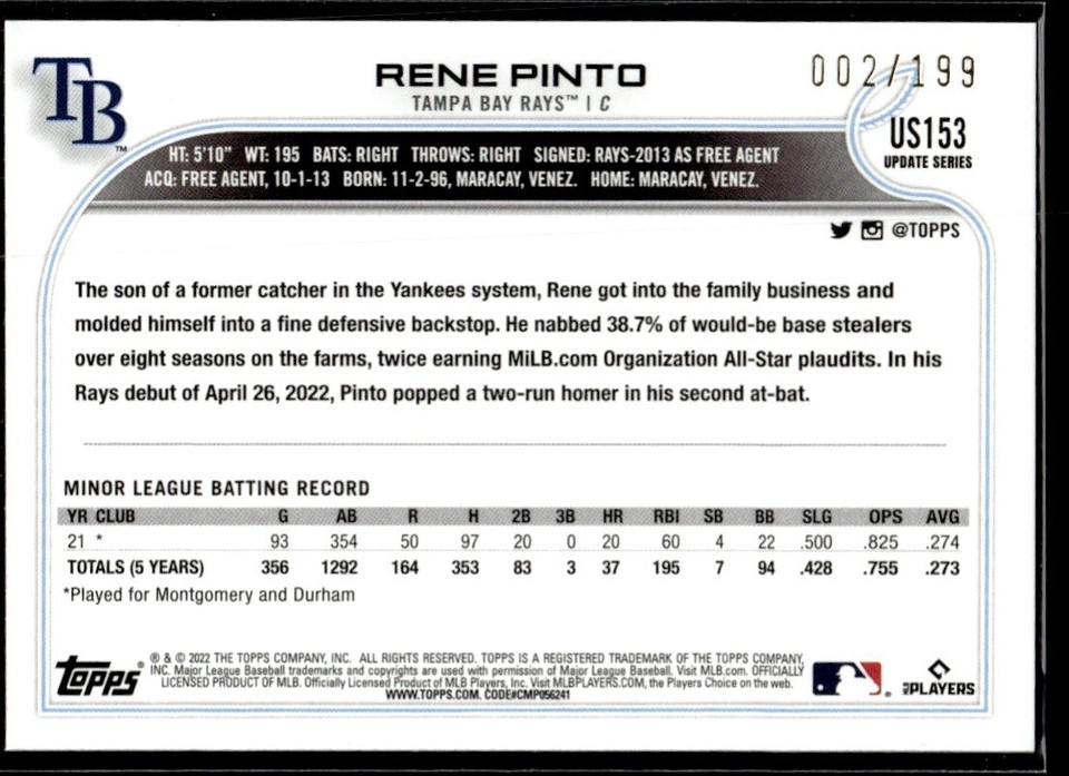 2022 Topps Update Red Foil Rene Pinto RC 002/199 Tampa Bay Rays #US153 ...